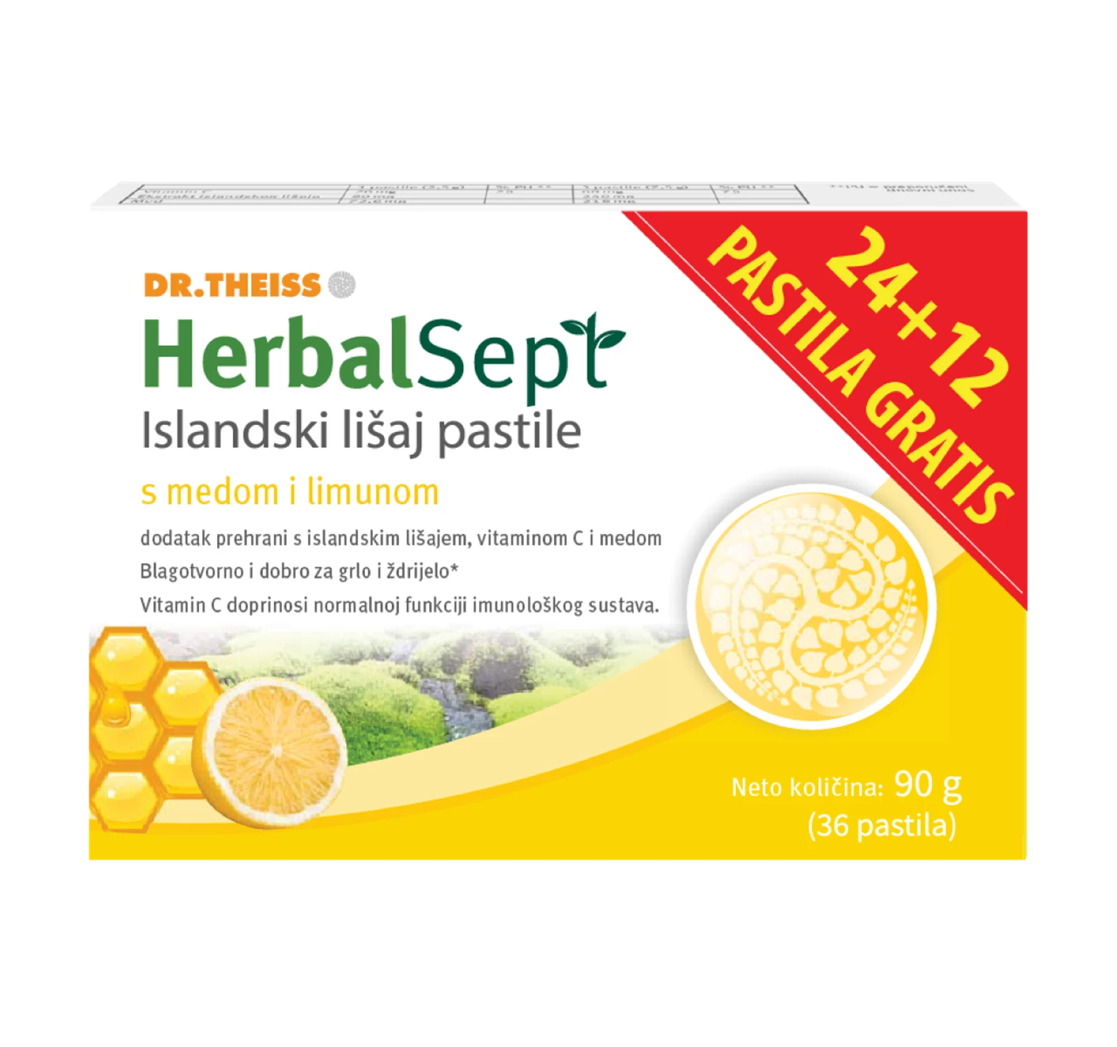 Herbalsept islandski lišaj pastile s medom i limunom 24+12 komada Promo